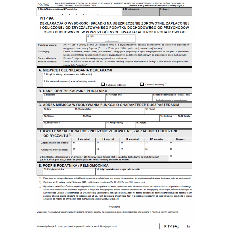 PIT-19A Deklaracja o wysokości składki na ubezpieczenie zdrowotne ...