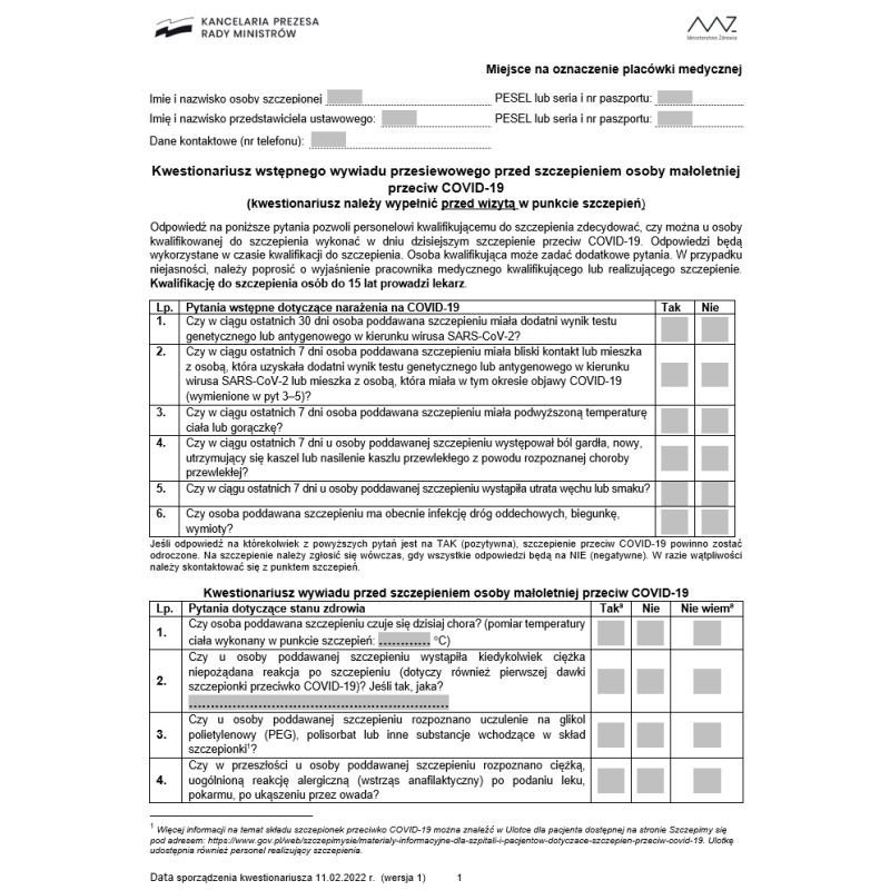Kwestionariusz wstępnego wywiadu przesiewowego przed szczepieniem osoby ... Kwestionariusz wstępnego wywiadu przesiewowego przed szczepieniem osoby ...