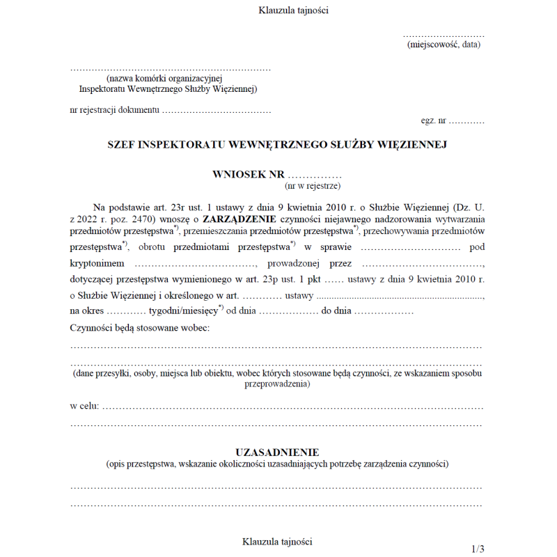 Wzory dokumentacji stosowanej przez Inspektorat Wewnętrzny Służby Więziennej