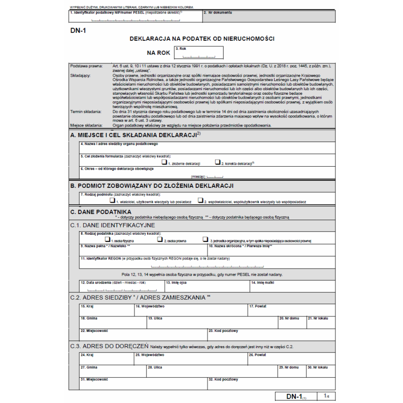 DN-1 Deklaracja na podatek od nieruchomości