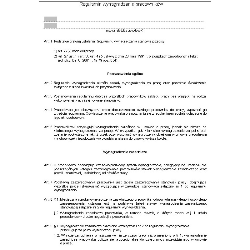 Przykładowy wzór Regulamin Wynagradzania | Dobra Cena | Sklep Online | Warszawa - SignForm