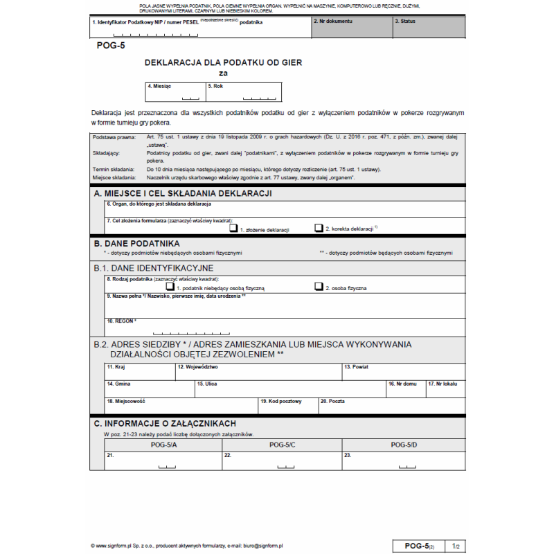 POG-5 Deklaracja dla podatku od gier
