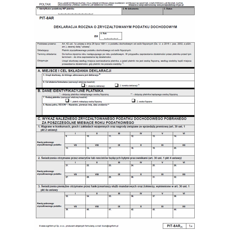 PIT-8AR Deklaracja roczna o zryczałtowanym podatku dochodowym