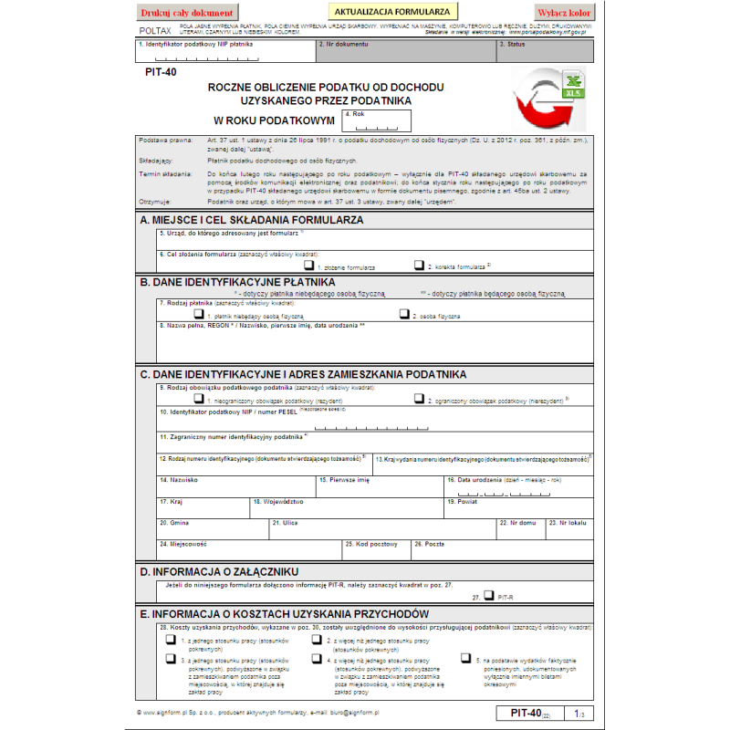 PIT-40 Roczne obliczenie podatku od dochodu uzyskanego przez podatnika