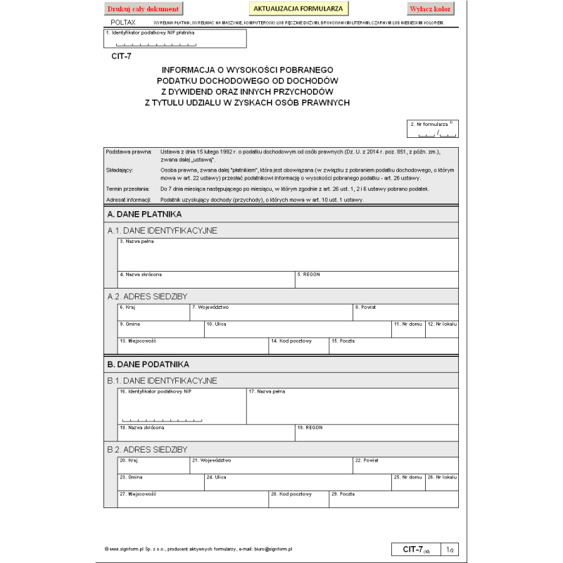CIT-7 Informacja o wysokości pobranego podatku dochodowego od dochodów ...