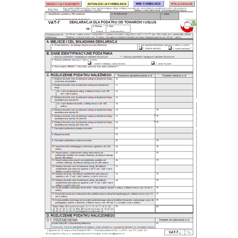 deklaracja miesięczna VAT-7 - bezpłatne formularze podatkowe VAT, PIT, CIT - iForm.pl