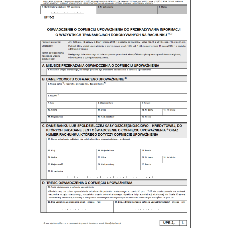 UPR-2 Oświadczenie o cofnięciu upoważnienia do przekazywania informacji ...