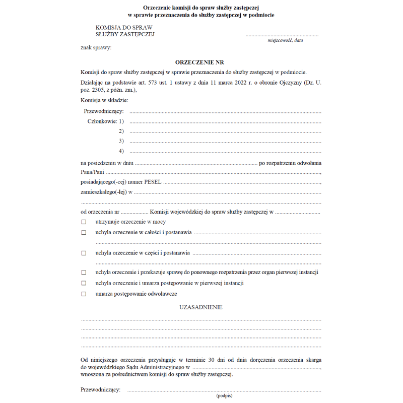 Orzeczenia komisji do spraw służby zastępczej w sprawie przeznaczenia do służby zastępczej w ...
